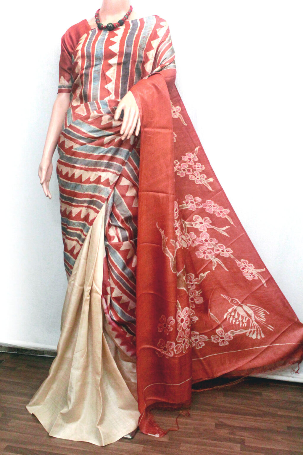 hand batik tussar saree, crack batik printed tussar silk saree